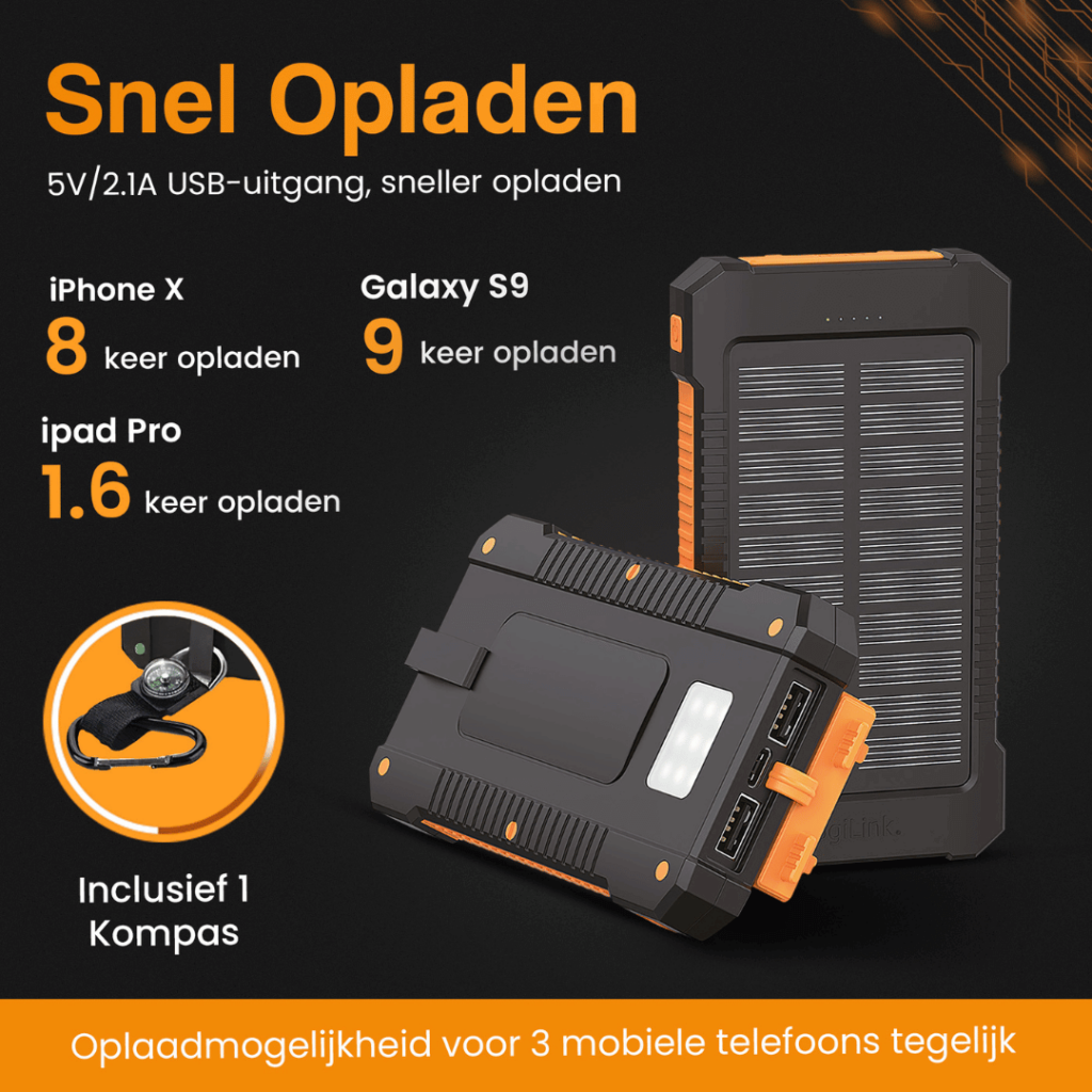 PowerSun - 20000mAh Zonne-energie Survival Powerbank - Koopje.com