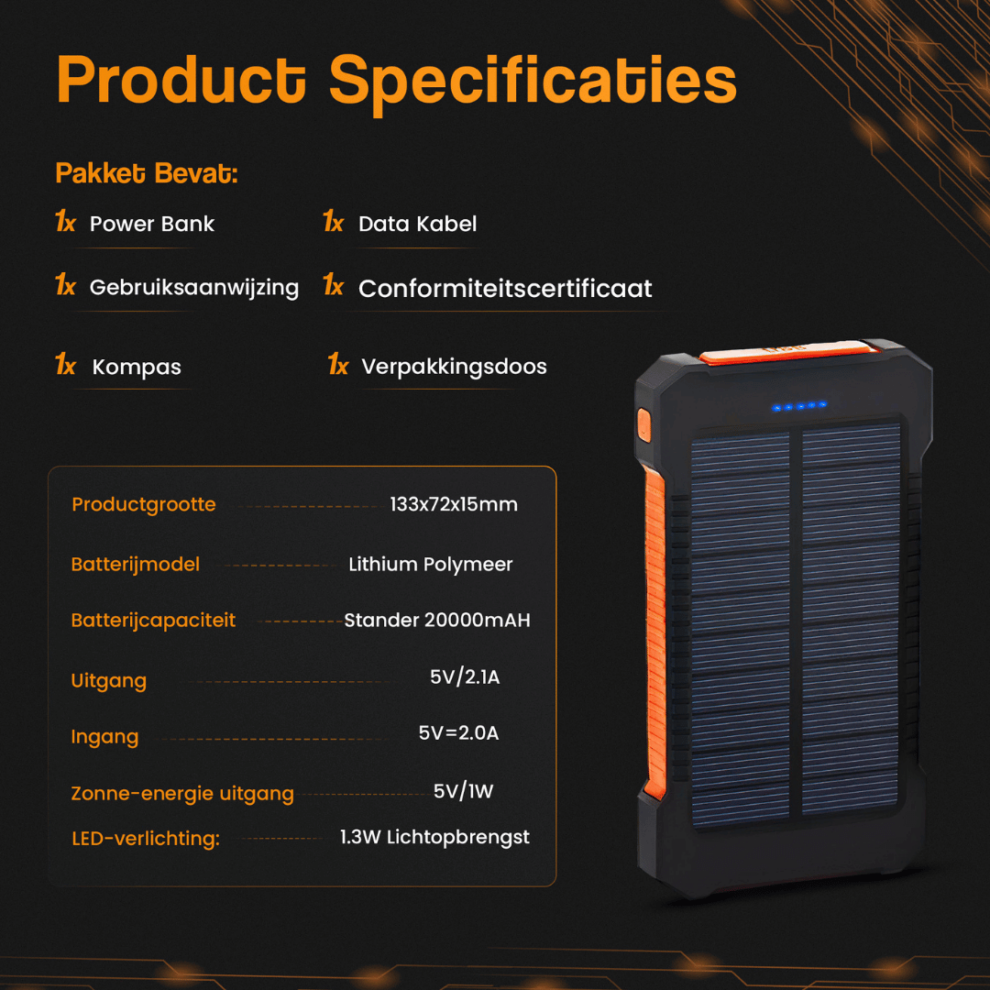 PowerSun - 20000mAh Zonne-energie Survival Powerbank - Koopje.com